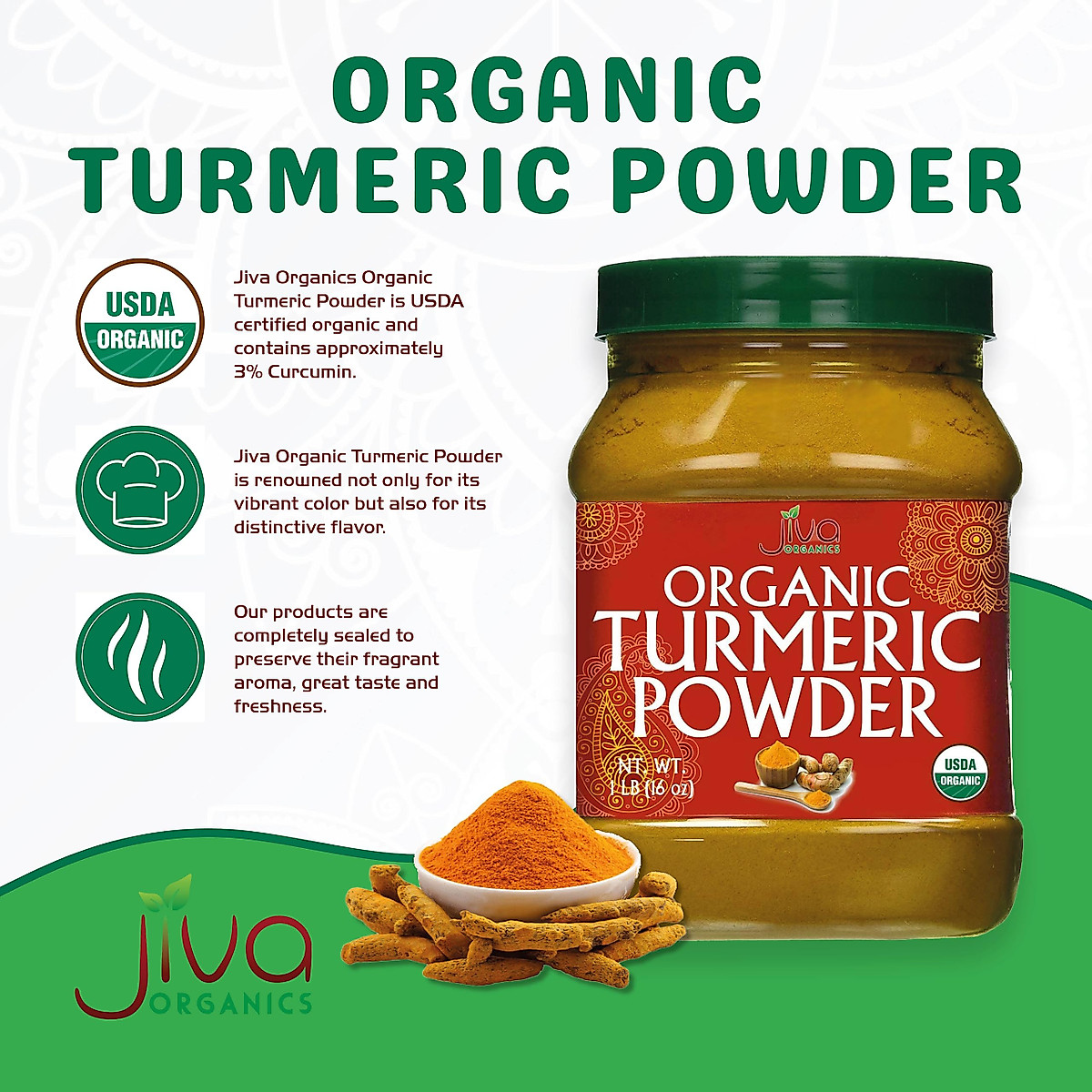 Organic Turmeric Powder 1 Pound Jar by Jiva Organics - 100% Raw with Curcumin - Lab Tested & Reports Available - Raw from India