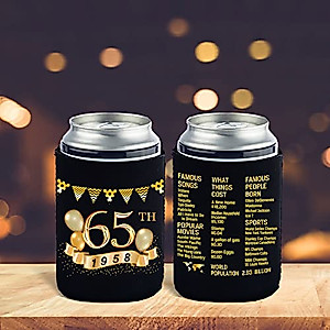 Yangmics 65th Birthday Can Cooler Sleeves Pack of 12-65th Anniversary Decorations- 1958 Sign - 65th Birthday Party Supplies - Black and Gold the sixty-fifth Birthday Cup Coolers