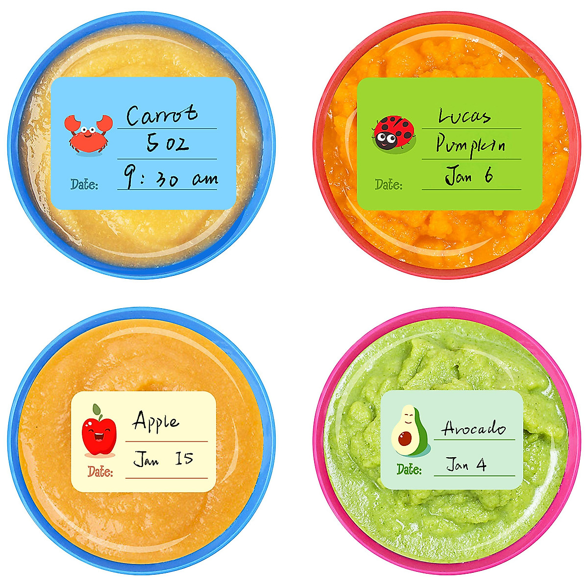 240 PCS Baby Food Labels Set in 2 Sizes and 45 Designs Water Resistant for Food Containers, Jars