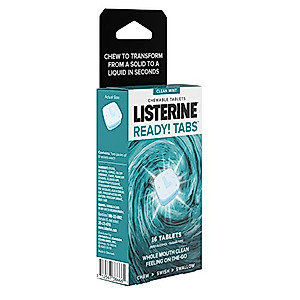 Listerine Ready! Tabs Chewable Mint Tablets with Clean Mint Flavor, Revolutionary 4-Hour Fresh Breath Tablets to Help Fight Bad Breath On-The-Go, Sugar-Free, Alcohol-Free & Kosher, 16 Count
