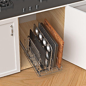 VyGrow Pots and Pans Organizer, Pull Out Pot and Pan Organizer for Cabinet Kitchen Pantry with 10 Adjustable Dividers, Heavy Duty Pan Organizer Rack 11Wx17.5Dx8.34H inch