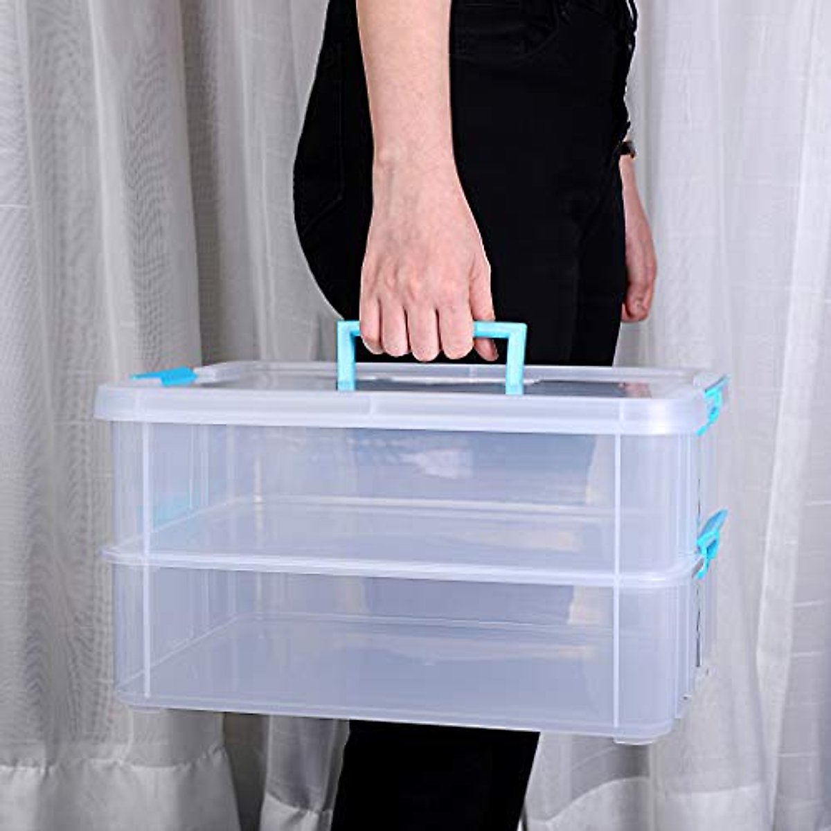 JUXYES 2-Tiers Stack Carry Storage Box With Handle, Transparent Stackable Storage Bin With Handle Lid Latching Storage Container for School & Office Supplies (Blue)