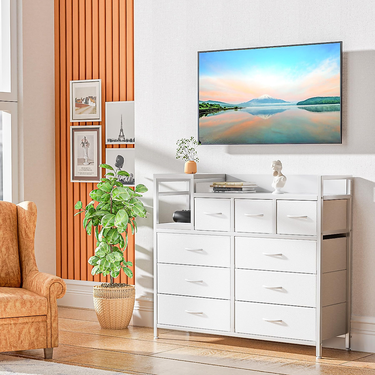 GAOMON Dresser TV Stand with Power Outlet, Bedroom Dresser with 9 Drawers, Chest of Drawers for Living Room, Hallway(White)