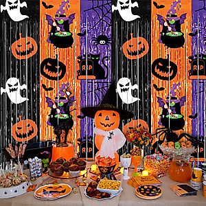 Foil Fringe Curtains Halloween Party Decorations, 2 Pack 3.3 x 6.6 FT Black Orange Purple Tinsel Fringe Curtain Halloween Decor Indoor Photo Backdrop Streamers for Halloween Birthday Party Decorations