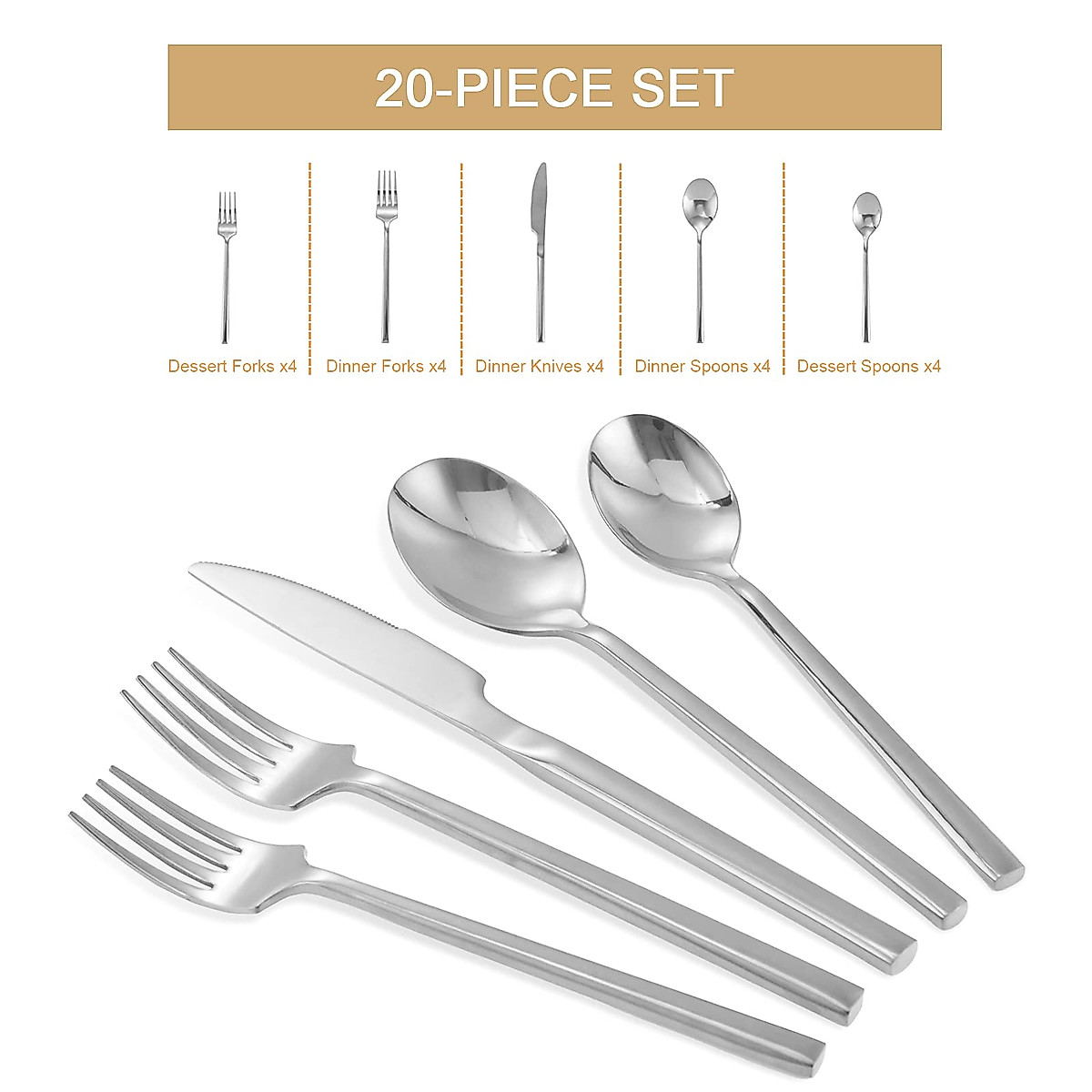 Silverware Set 20-Piece Stainless Steel Flatware Cutlery Set Service for 4, Tableware Utensils Set Includes Knife/Spoon/Fork for Kitchen Home Restaurant Gift, Mirror Polished, Dishwasher Safe Silver