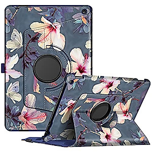 Fintie Case for All-New Amazon Fire HD 10 & Fire HD 10 Plus Tablet (Only Compatible with 11th Generation 2021 Release) - 360 Degree Rotating Swivel Stand Cover Dual Auto Sleep/Wake, Blooming Hibiscus