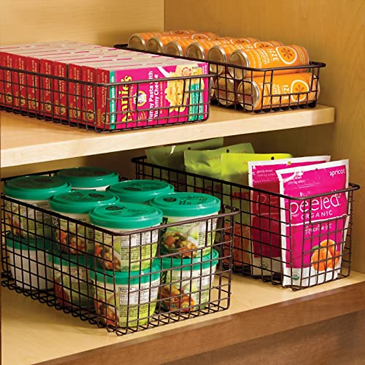 mDesign Metal Wire Food Storage Shallow Bin Basket with Handles for Organizing Kitchen Cabinets, Counter, Pantry Shelf - Perfect for Snacks, Drinks - Concerto Collection - Bronze