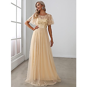 Ever-Pretty Women's Custom Sequin Embroidery Curvy Round Neck High Waist Ruffles Sleeves Long Formal Dresses Gold 9XL