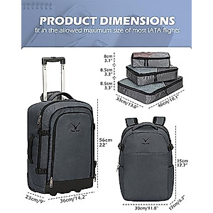 Hynes Eagle 2 in 1 Travel Backpack 22 inches Carry on Luggage 63L Rolling Backpack for Men Women with Packing Cubes 3PCS Set