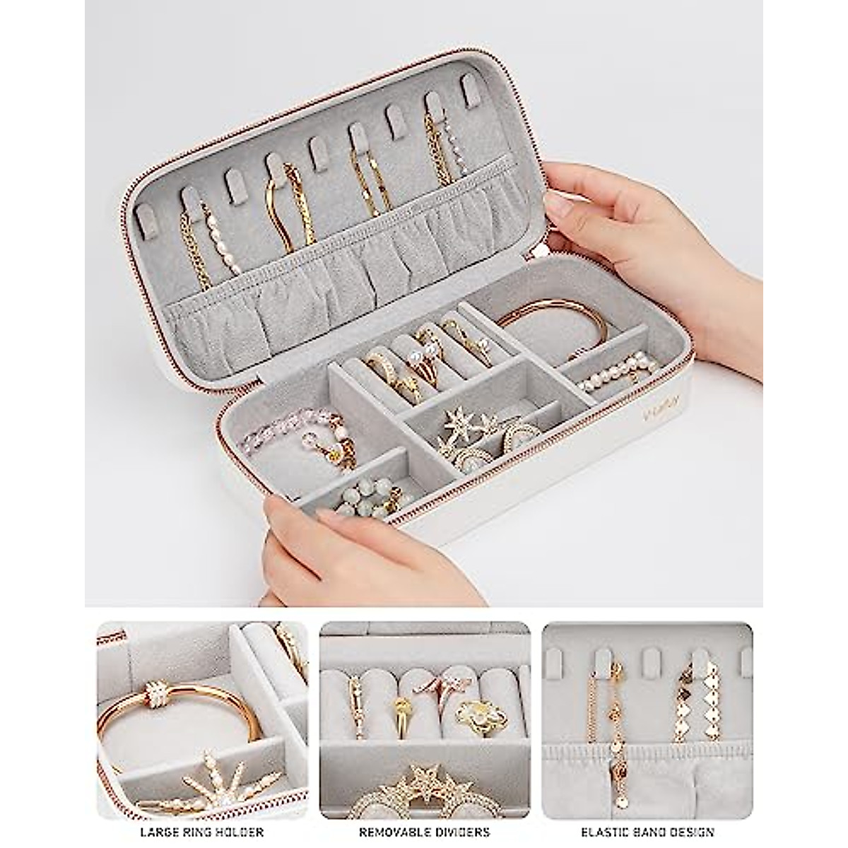 V-LAFUY Jewelry Box Small Jewelry Boxes, PU Leather Portable Travel Jewelry Case, Large Capacity for Rings Earrings Necklaces Bracelets Watch, White C
