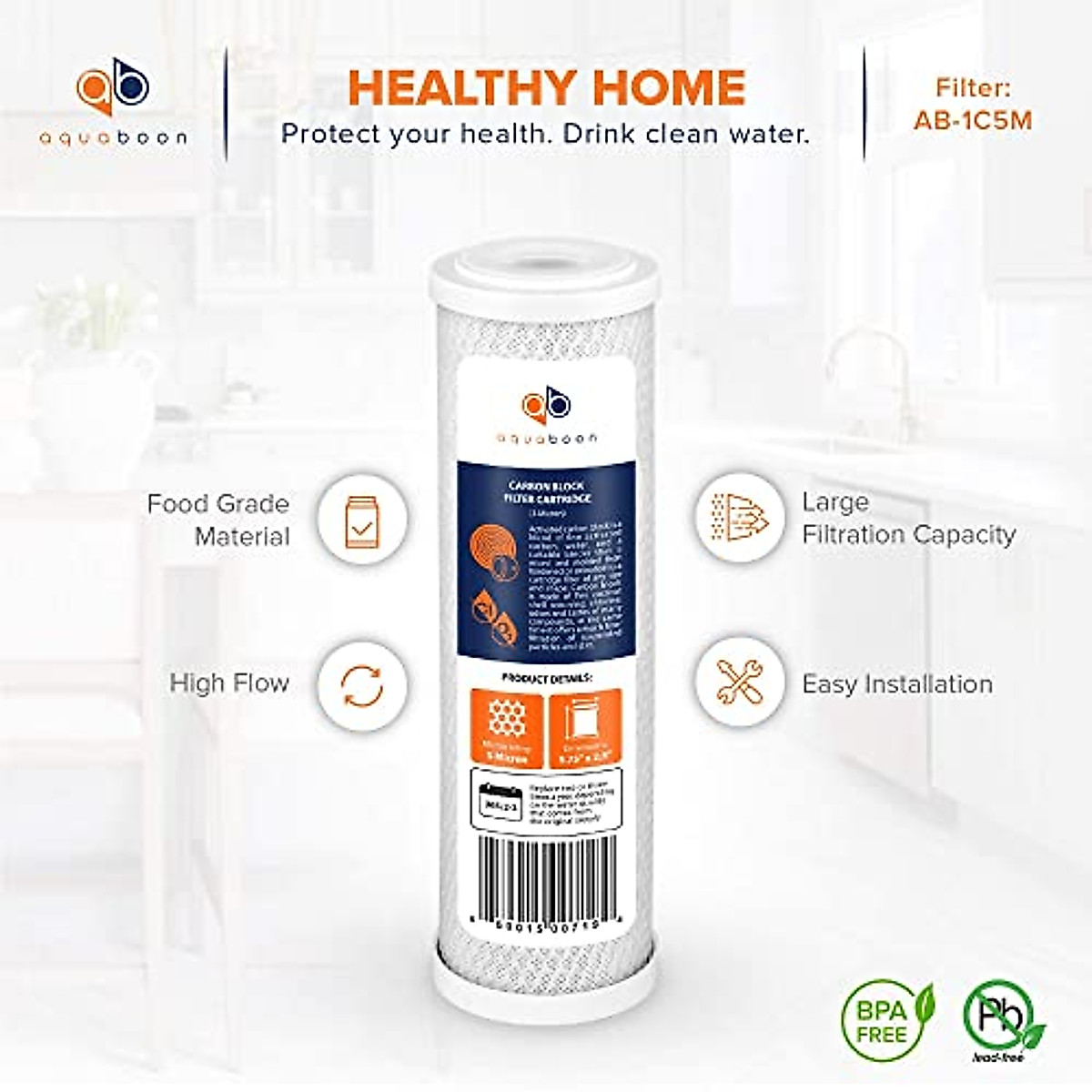 Aquaboon Coconut Shell Water Filter Cartridge | Activated Carbon Block CTO | Universal 5 Micron 10 inch Cartridge | Compatible with DWC30001, WFPFC8002, FXWTC, WHEF-WHWC, WHKF-WHWC 6-PACK