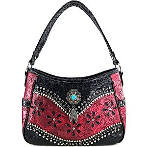 Zelris Floral Western Pu Tooled Leather Turquoise Concho Feathers Conceal Carry Women Hobo Purse Handbag (Red)
