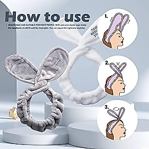 SKYPIA Hairband, 2 PCs Cute Rabbit Fleece Headband for Face Washing, Beauty, Makeup, Shower, SPA, Sports, Yoga, Costume Party, Unisex (White & Gray)