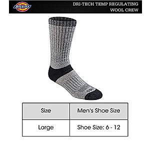 Dickies Men's Dri-Tech Temperature Regulating Wool Blended Work Crew Socks Multipack, Navy Heather (6 Pairs), Shoe Size: 6-12