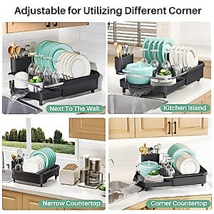 Dish Drying Rack - Extendable Dish Rack for Kitchen Counter, Saving Countertop Space Dish Drainer, Stainless Steel Kitchen Drying Rack with Cutlery Holder, 22.1''L x 12.8''W (Black)