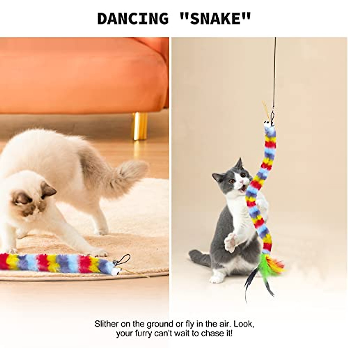 Cat Fishing Pole Toy, 1 Retractable Cat Wand 4 Replacement Attachments with Feathers Fish Dragonfly Caterpillar with Crinkle Paper Interactive Kitten Toys Gifts with Detachable Bells Nylon Rope