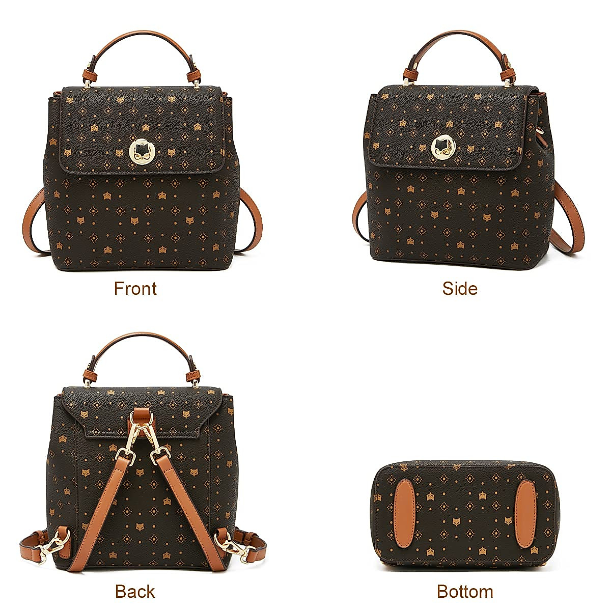 NC FOXER Small Backpack for Women, PVC Artificial Leather Signature Pattern Ladies Crossbody Bags with 2 Adjustable Shoulder Strap (brown)