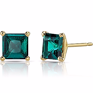 Peora Solid 14K Yellow Gold Created Emerald Stud Earrings for Women, Classic Solitaire, Hypoallergenic Princess Cut, 6mm, 2 Carats total, Friction Back