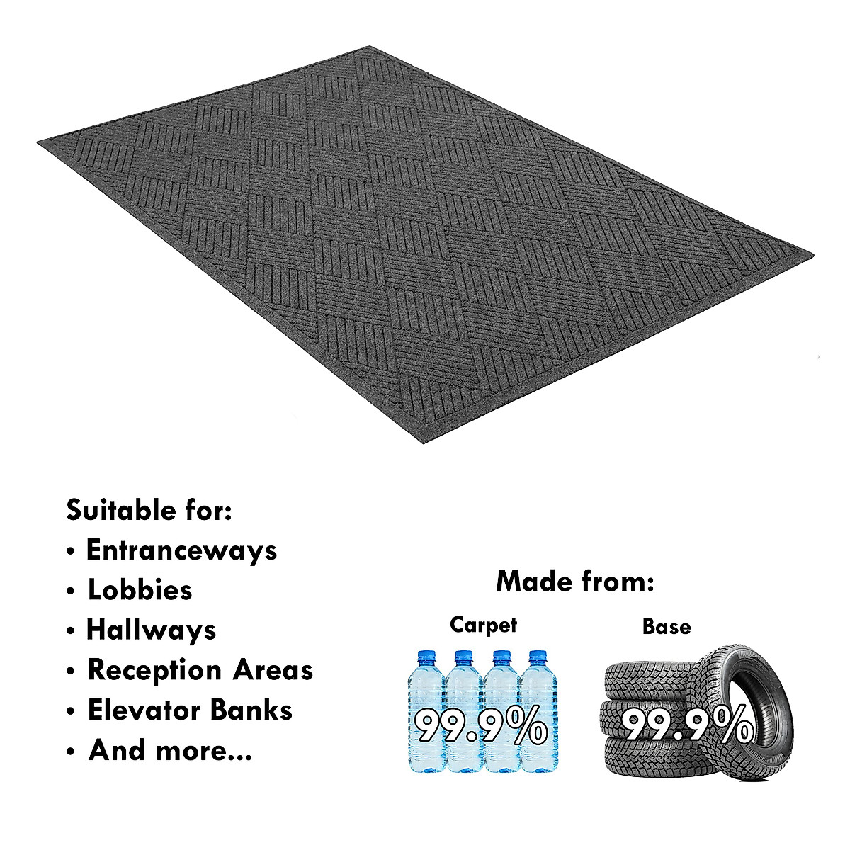 Guardian Floor Protection EGDFB030504 EcoGuard Diamond Indoor Wiper Floor Mat, Recycled Plactic and Rubber, 3" Length, 5' Width, Charcoal Black