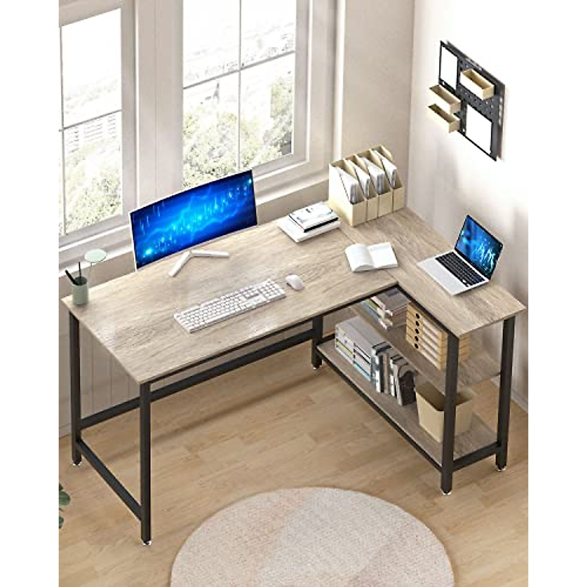 WOODYNLUX L Shaped Computer Desk - 43 Inch Home Office Desk with Shelf, Gaming Desk Corner Table for Work, Writing and Study, Space-Saving, Gray