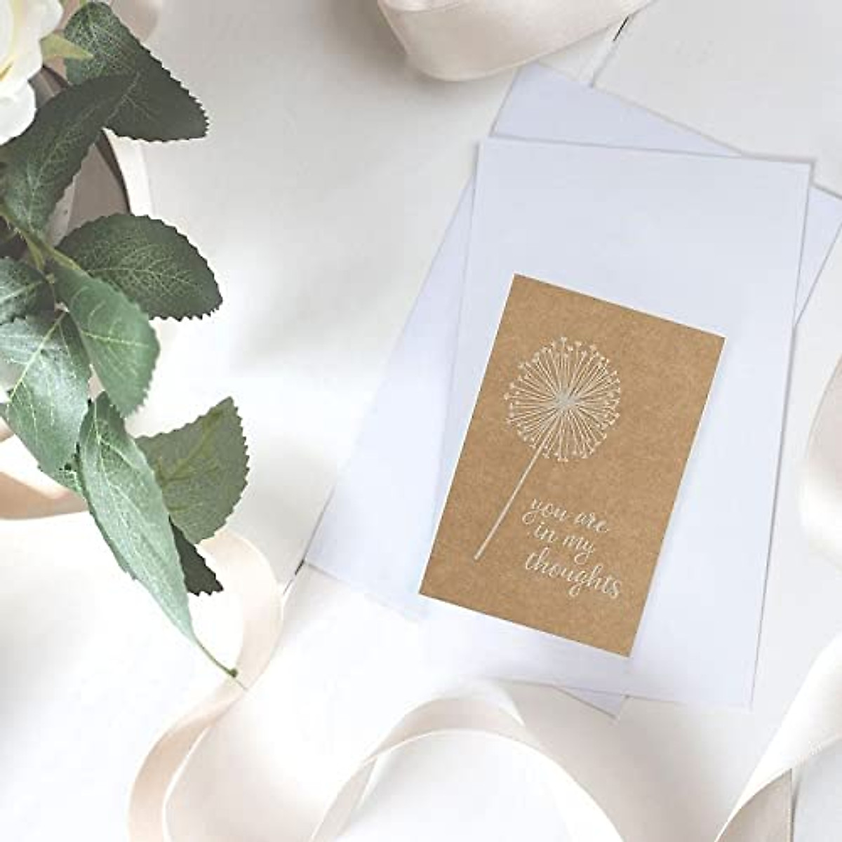 36 Pack Blank Sympathy Cards with Envelopes, Bulk Kraft Paper Condolence Cards with Envelopes for Bereavement, Thinking of You, White Dandelion Design, Blank Inside (4x6 In)