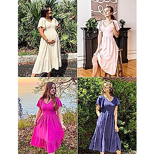 MEROKEETY Womens V Neck Smocked Midi Dress Ruffle Sleeve Elastic Waist Flowy Dress with Pockets, Dustyblue, S