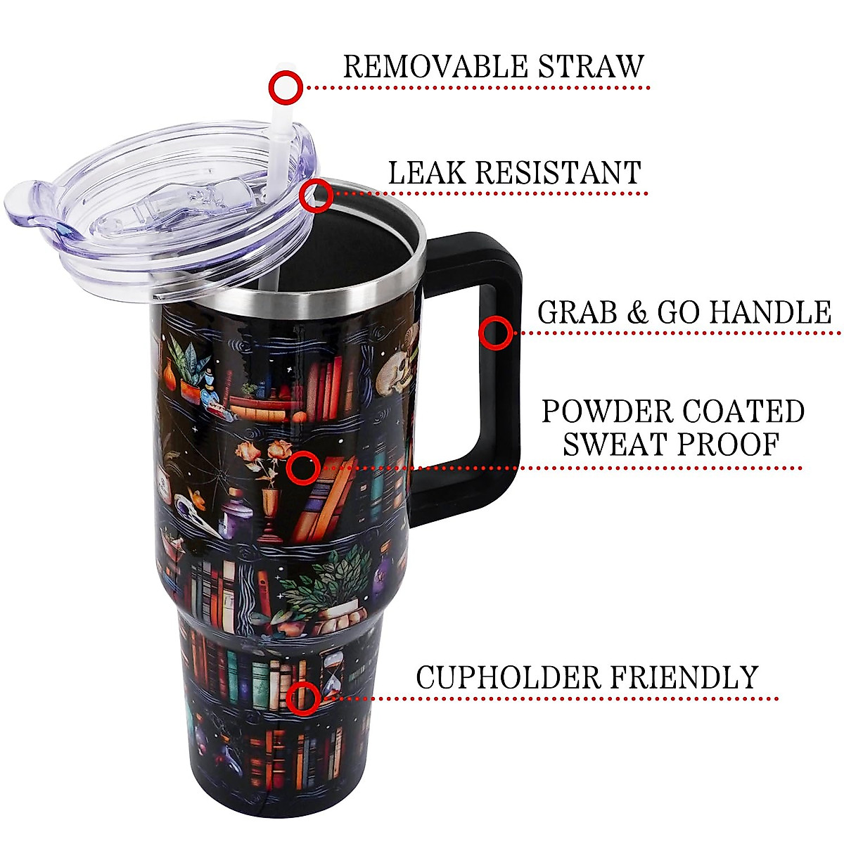 Book Lovers Gifts 40oz Tumbler with Handle and Straw Lid,Vacuum Insulated Leak Proof Tumbler bookish gifts for Women Readers Librarian,Book Accessories Stainless Steel Travel Mug,Skull Bookshelf