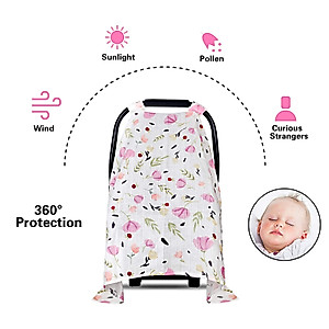 Muslin Baby Car Seat Canopy, Metplus Infant Carseat Cover - Extra Wide Universal Fit, Lightweight Breathable Soft for Babies Girls Shower Gift (Purple Flower)