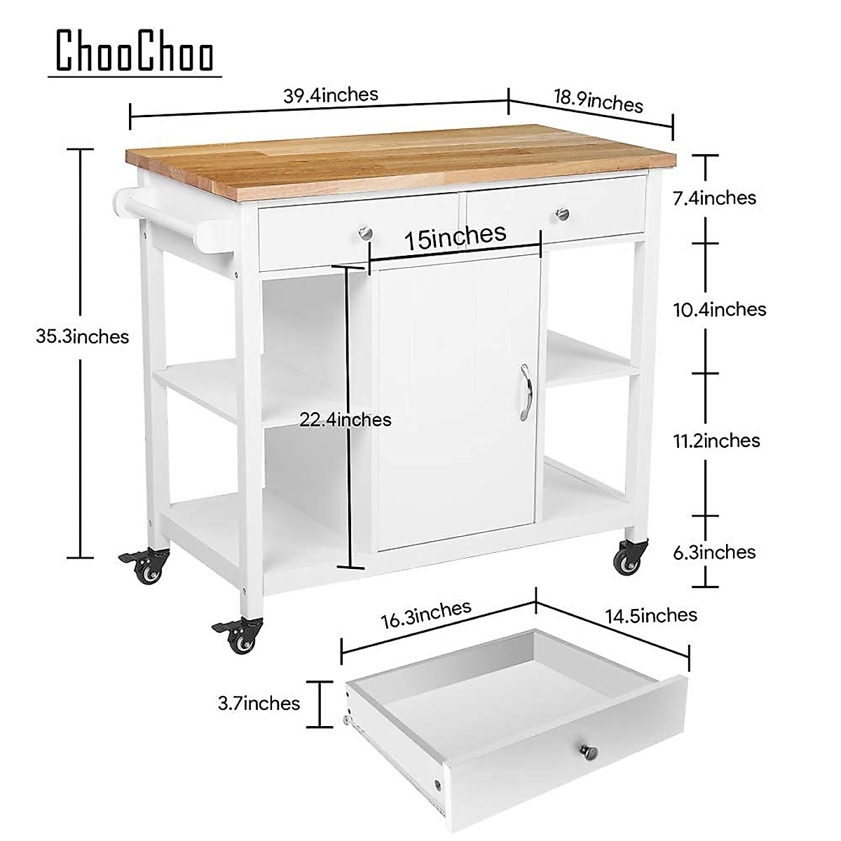 ChooChoo Kitchen Cart on Wheels with Wood Top, Utility Wood Kitchen Islands with Storage and Drawers, Easy Assembly - White