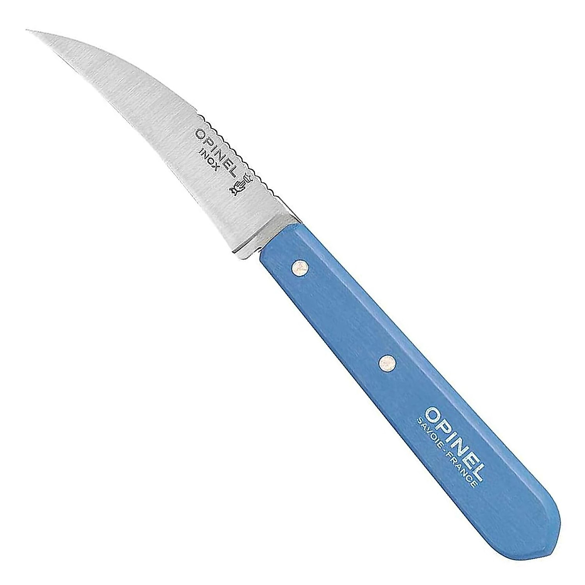 OPINEL Essential Single Kitchen Knife, Cooking Tool Bird's Beak Knife, Veggie Knife, Painted Hornbeam Wood Handles, Made in France (No. 114, Blue)
