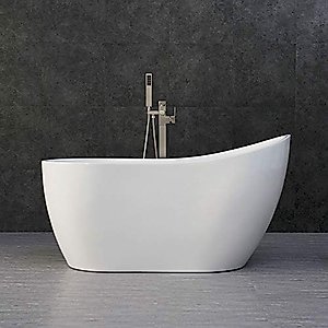 WOODBRIDGE Acrylic Freestanding Contemporary Soaking Tub with Brushed Nickel Overflow and Drain, B-0006 / BTA1507, 54" Bathtub White