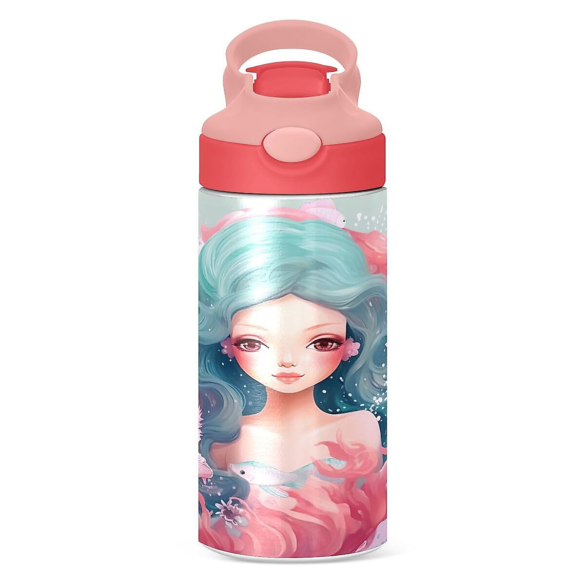 Nander Mermaid Insulated Water Bottle with Straw Lid for Kids, Vacuum Stainless Steel Metal Water Bottles for Toddlers, Leak Proof BPA-Free Water Flask Tumbler