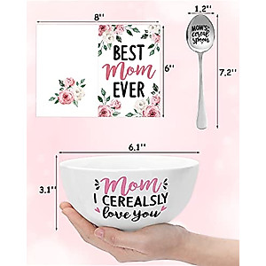 Mom's Cereal Bowl and Spoon Set with Best Mom Ever Greeting Card Christmas Mother's Birthday Engraved Gift Box Basket Idea for Her Cerealsly Love You Mommy Present Set of 3 Thanksgiving New Year