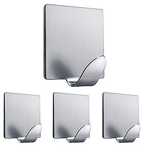 FOTYRIG Heavy Duty Adhesive Hooks Stick on Hooks Stainless Steel Waterproof Wall Hooks Hangers for Hanging Robe, Coat, Towel, Keys, Bags, Lights, Calendars -Home Kitchen Bathroom 4-Pack