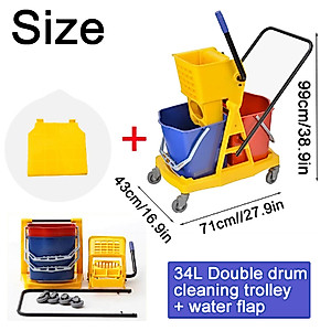 Mop Bucket, Double Bucket Cleaning Bucket, Commercial mop Bucket and Side Pressure Wring Combination with Wheels for Free Movement, 34L Large Capacity Cleaning Cart, for Home and Commercial (Yellow)