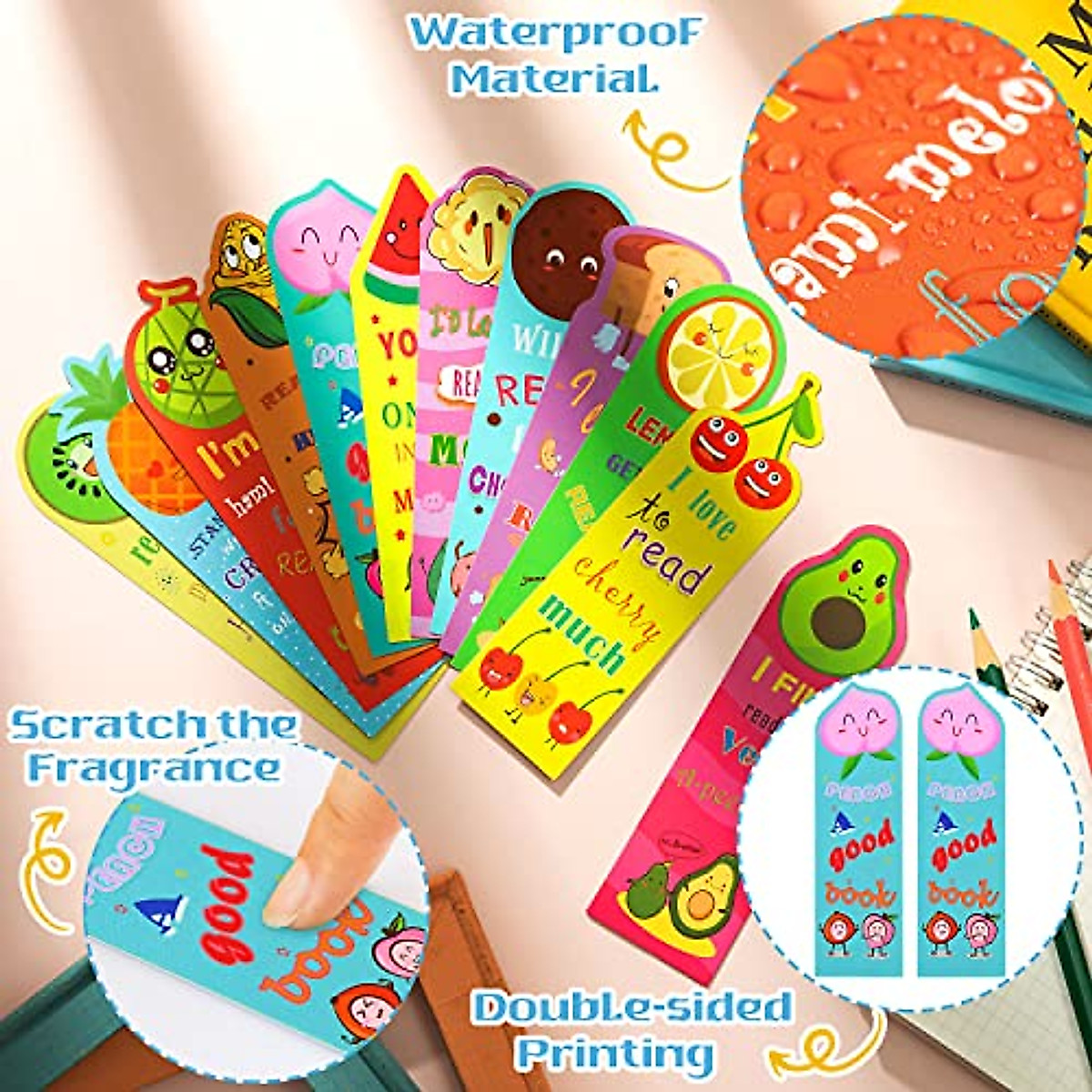 Scented Bookmarks, Kids Scratch and Sniff Bookmarks, Cute Fruit Food Theme Bookmarks Assorted Scented Bookmarks for Kids Students Teens Food Lovers, 12 Styles (36 Pieces)