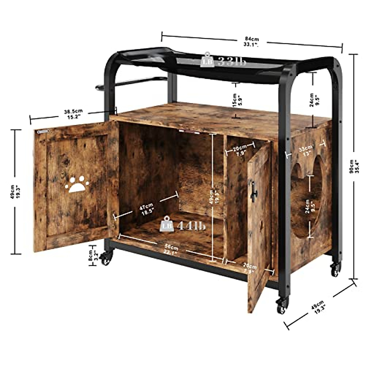 IRONCK Litter Box Enclosure with Cat Bed, 33" Large Cat Litter Box Furniture Hidden with Storage and Wheels, Easy Assembly, Cat House, Fit Most of Litter Box, Vintage Brown