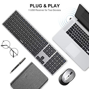 Wireless Keyboard and Mouse Combo, WisFox 2.4G Full-Size Slim Thin Wireless Keyboard Mouse for Windows, Computer, Desktop, PC, Laptop Mac (Silver and Gray)