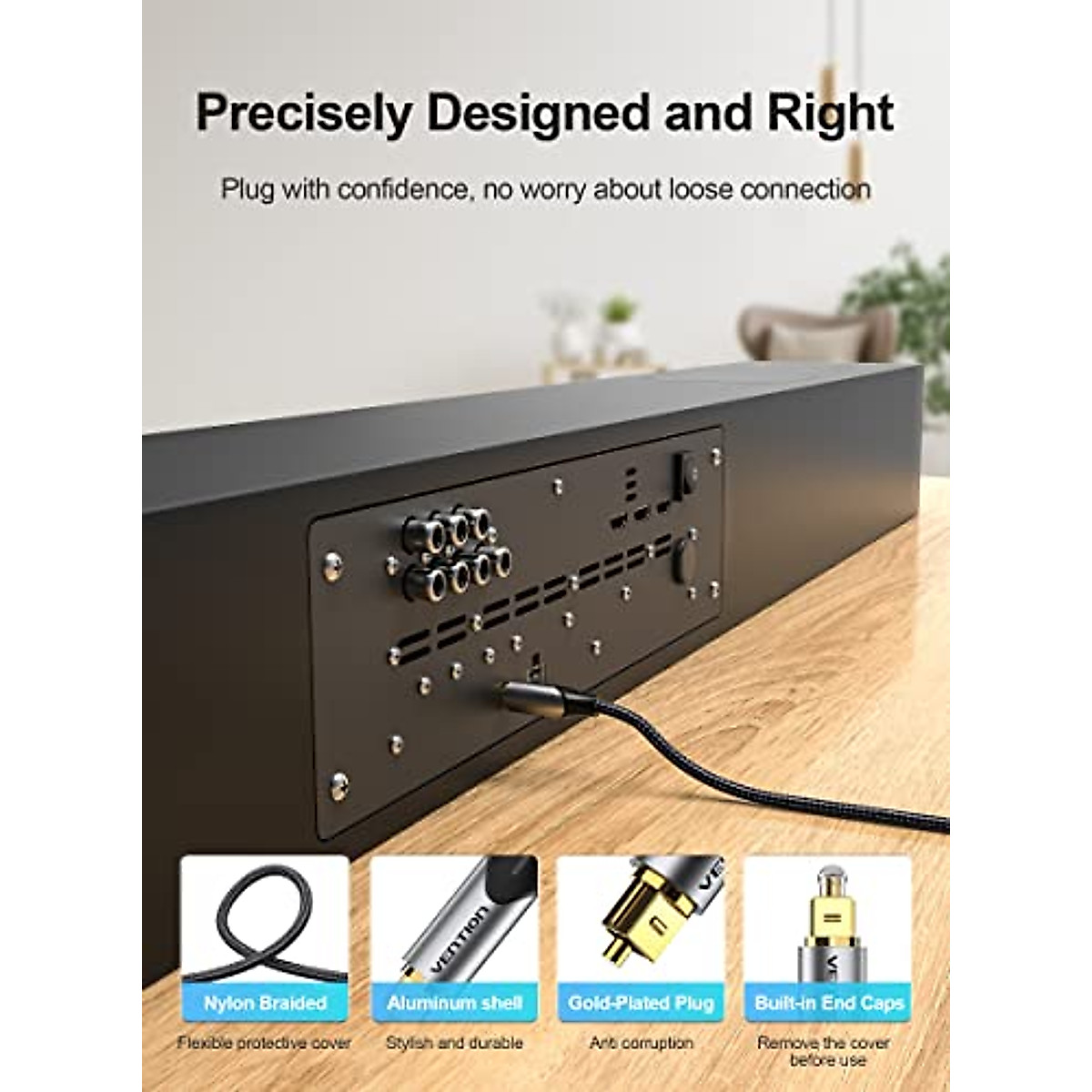 VENTION Digital Optical Audio Cable Nylon Braided Fiber, Slim Metal Case, Gold Plated Plug, 6.6 ft Toslink Fiber Optic Audio Cable for Sound Bar TV PS4 Samsung Vizio Bose LG