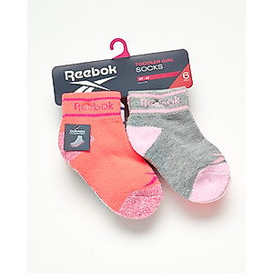 Reebok Girl's 6 Pack, 12 Pack Comfort Cushion Quarter Cut Socks (Infant/Toddler), Size 2-4T, Pink/Grey (6 Pack)