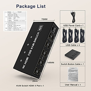 4 Port HDMI KVM Switch Dual Monitor - 4K@60Hz Extended Display 2 Monitors 4 Computers KVM Switch HDMI 4 in 2 Out - Monitor Keyboard Mouse Switcher with 4 USB Cables USB Power Cord Controller