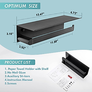 UNIGANT Paper Towel Holder with Shelf for Kitchen , Paper Towel Holder Wall Mount for Bathroom, Self-Adhesive Anti-Rust Aluminum, No Drill or Wall-Mounted with Screws (Matte Back)