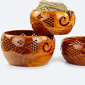 Premium Rosewood Crafted Yarn Storage Bowls with Decorative Carved Handmade Grills - Knitting & Crochet Accessories Supplies (Set)