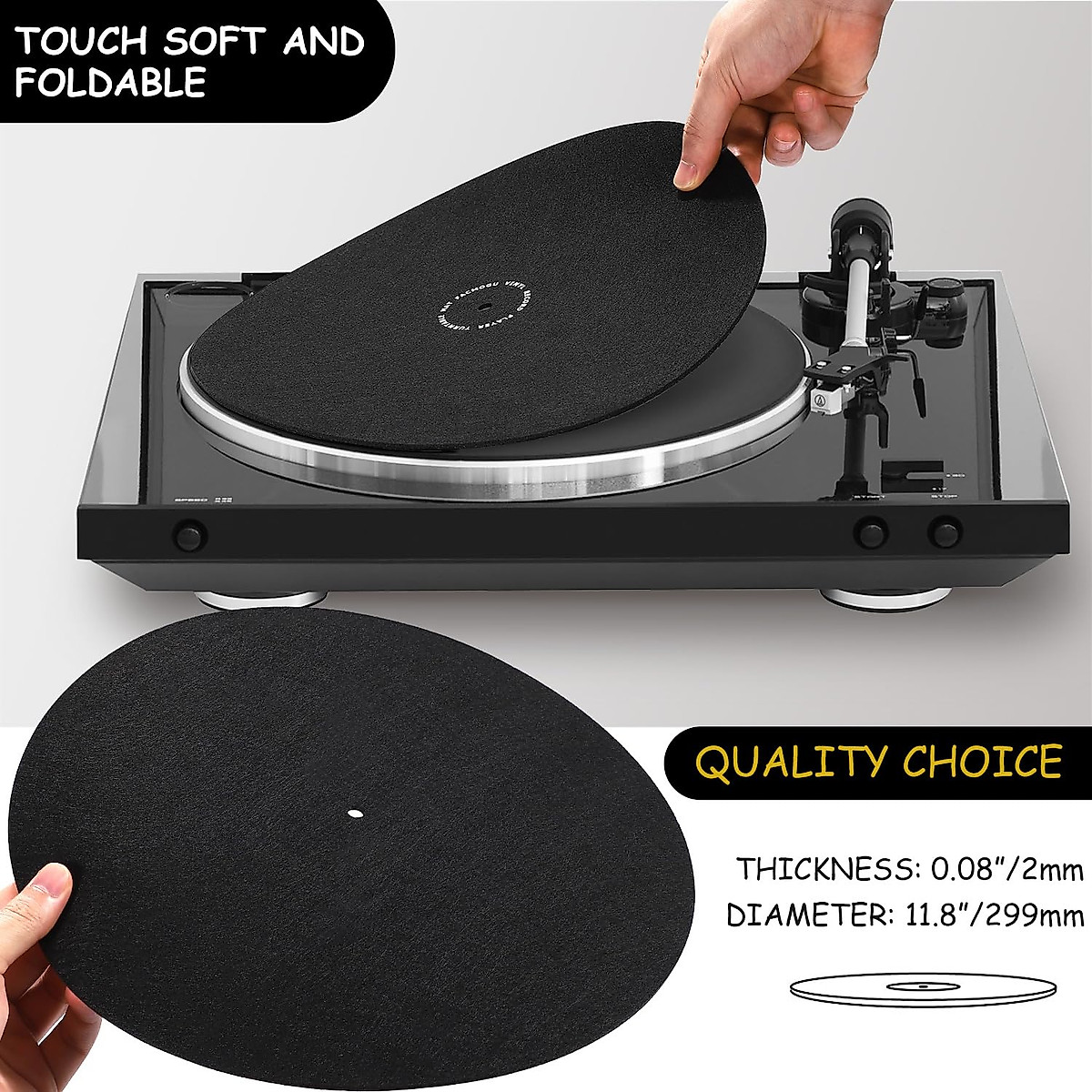 Facmogu 12 Inch 2mm Turntable Slipmat Wool Mat Anti Vibration Record Platter Mat, Phonograph LP Vinyl Record Player Black Mat Slip-Mat Player Wool Pad, Professional Tuning Equipment Improve Sound