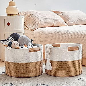 R RUNKA 2 Pack Storage Basket 14" x 11", Soft Woven Shelf Baskets for Storage with Leather Handles,Organizer Basket Set for Laundry, Toys, Books and Baby Blankets