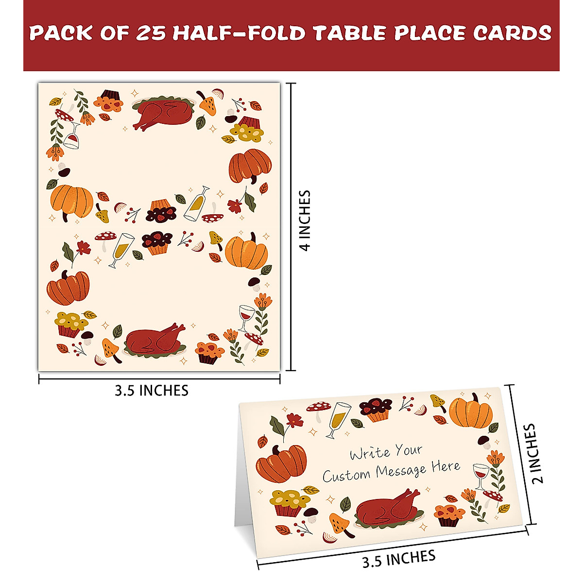 Fall Thanksgiving Table Place Card, 25 Pcs Tent Style Cards Set with Pumpkin and Maple Leaf, Editable Name Cards for Table Seating, Scored for Easy Folding, Food Lables for Autumn Party (02)