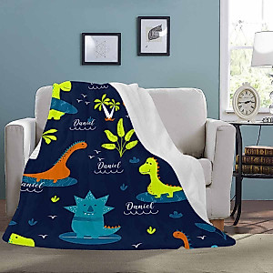 Custom Name Blanket for Baby Boys Personalized Dinosaur Blanket Dark Blue Throw Blanket for Kids Boys Adults 50"x60"Inch