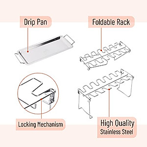 UNCO- Chicken Leg Rack for Grill with Drip Pan, 14 Slots Stainless Steel, Chicken Wing Rack for Smoker, Chicken Drumstick Rack, Chicken Stand for Smoker, Chicken Drumstick Holder, Grill Rack.
