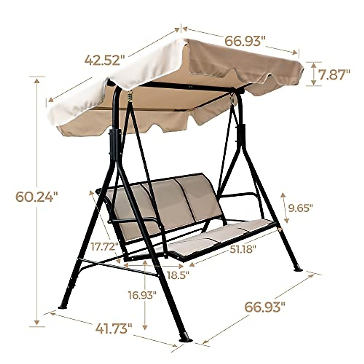 3-Seat Outdoor Porch Swing Loveseat with Adjustable Canopy and Steel Frame, Cushions and Pillow Included, Patio Seater
