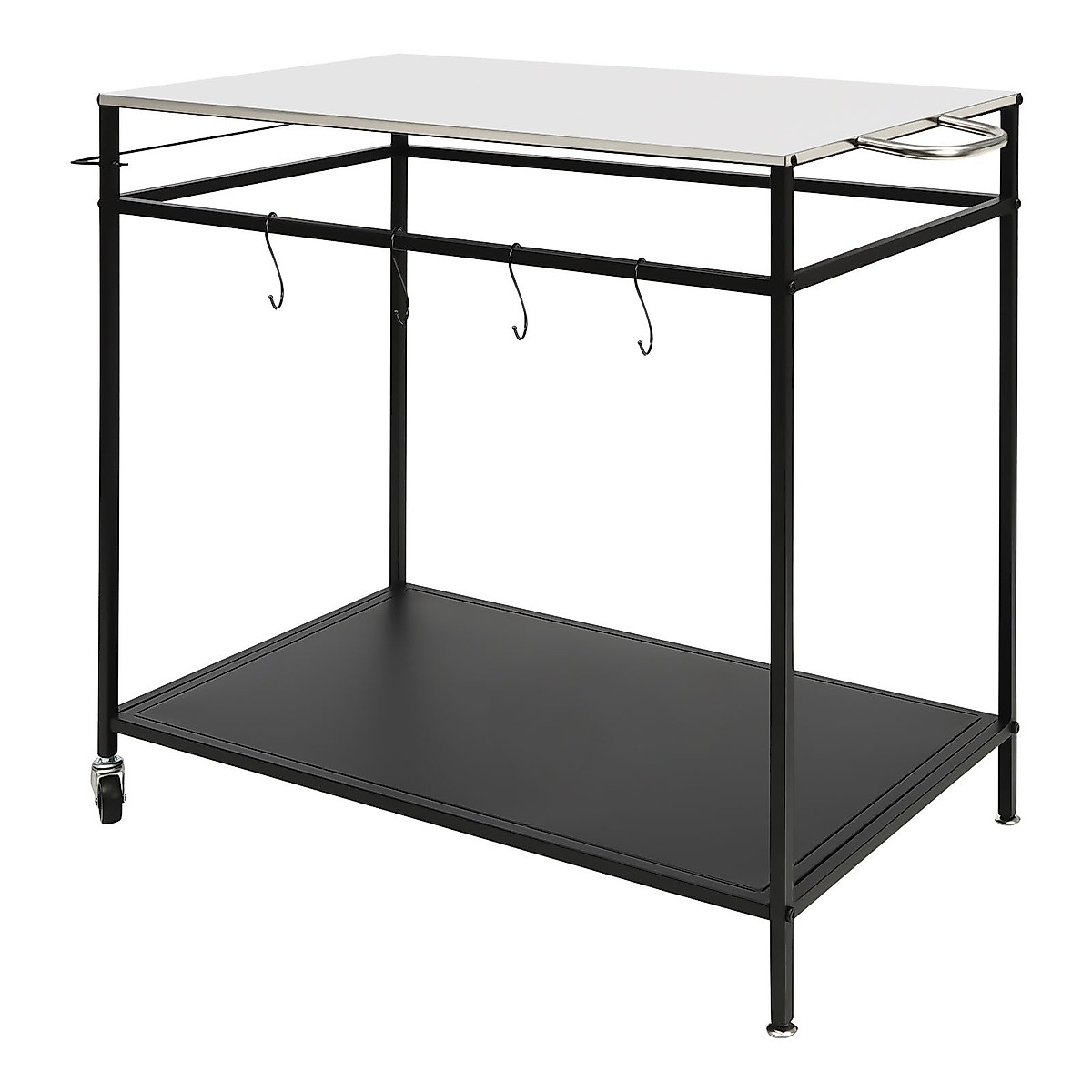 Gagalayong Double-Shelf Movable Outdoor Grill Cart Pizza Oven Stand, Multifunctional Kitchen Food Prep Table with Drawer, Black Solid Steel Dining Worktable on 4 Wheels & Seasoning Tray
